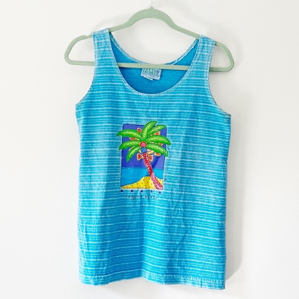 Vintage 1980s Blue Striped Palm Tree Graphic Design S… - Gem